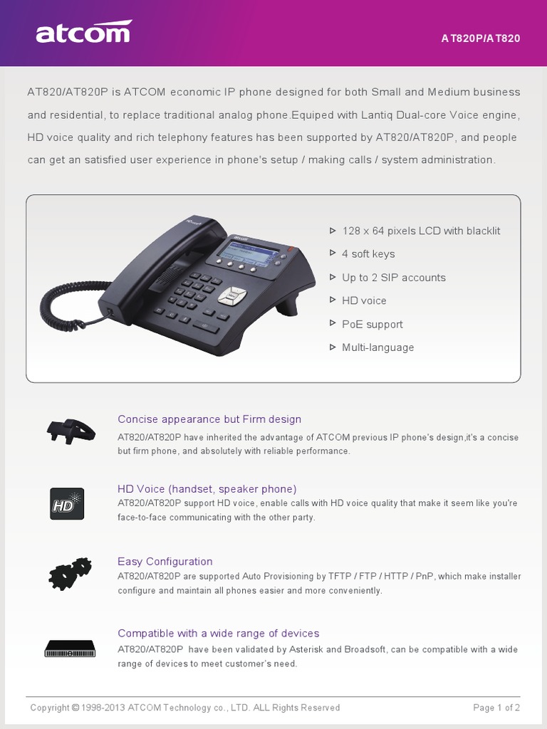 Atcom At820p Datasheet d131218 en | PDF | Session Initiation Protocol | Ip Address