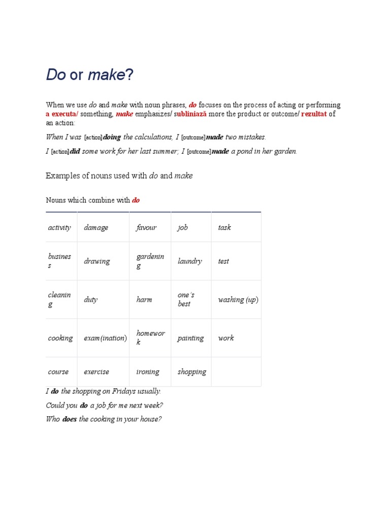 Do or Make?: Examples of Nouns Used With Do and Make | PDF