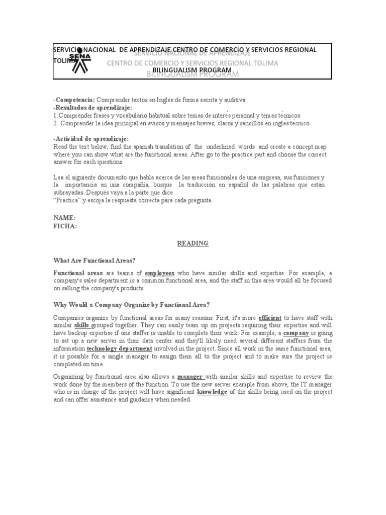 English Learning Activity Functional Areas Business | PDF | Sales ...