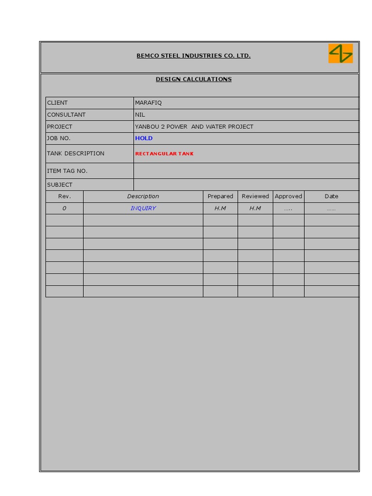 Design Calculations for a Rectangular Steel Storage Tank with ...