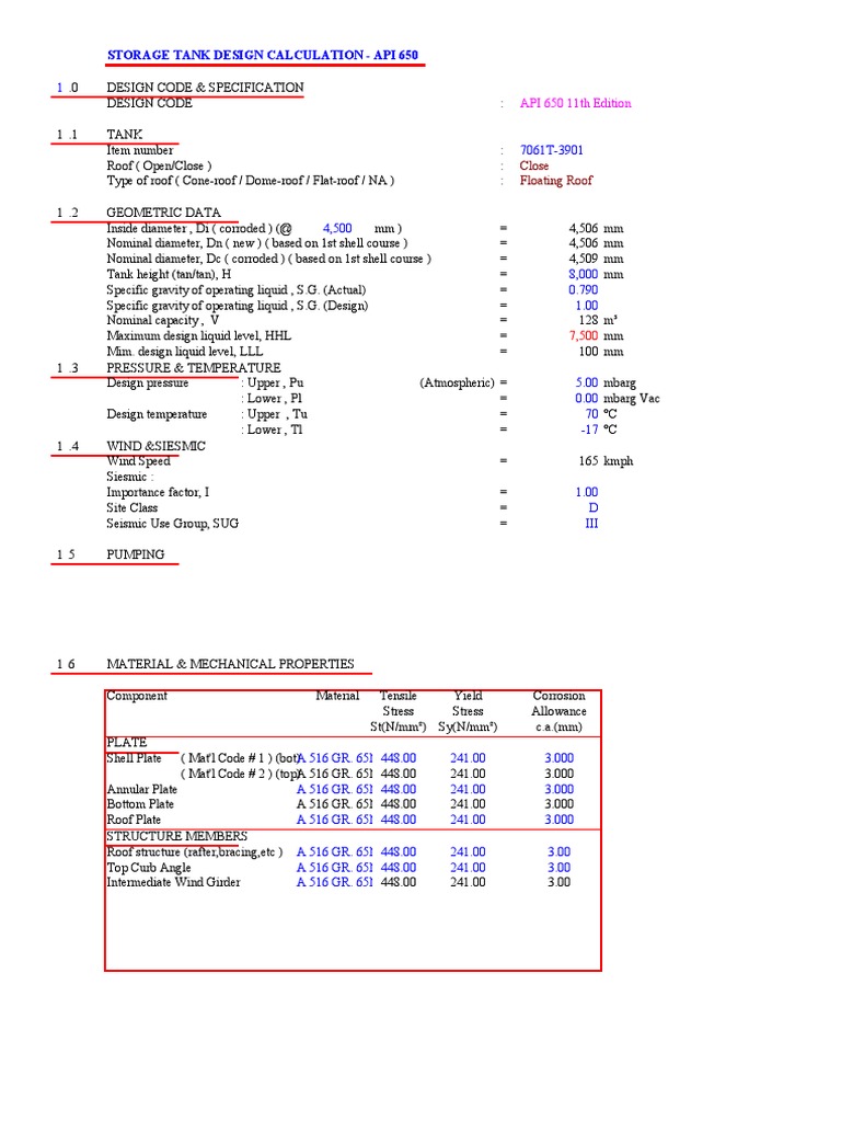 API 650 Storage Tank Design Calculations | PDF | Flow Measurement ...