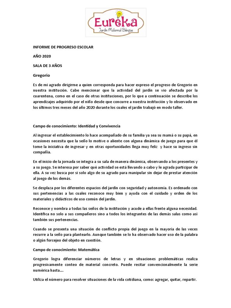 Informe de Progreso Escolar Gregorio Sala de 3 | PDF | Science ...