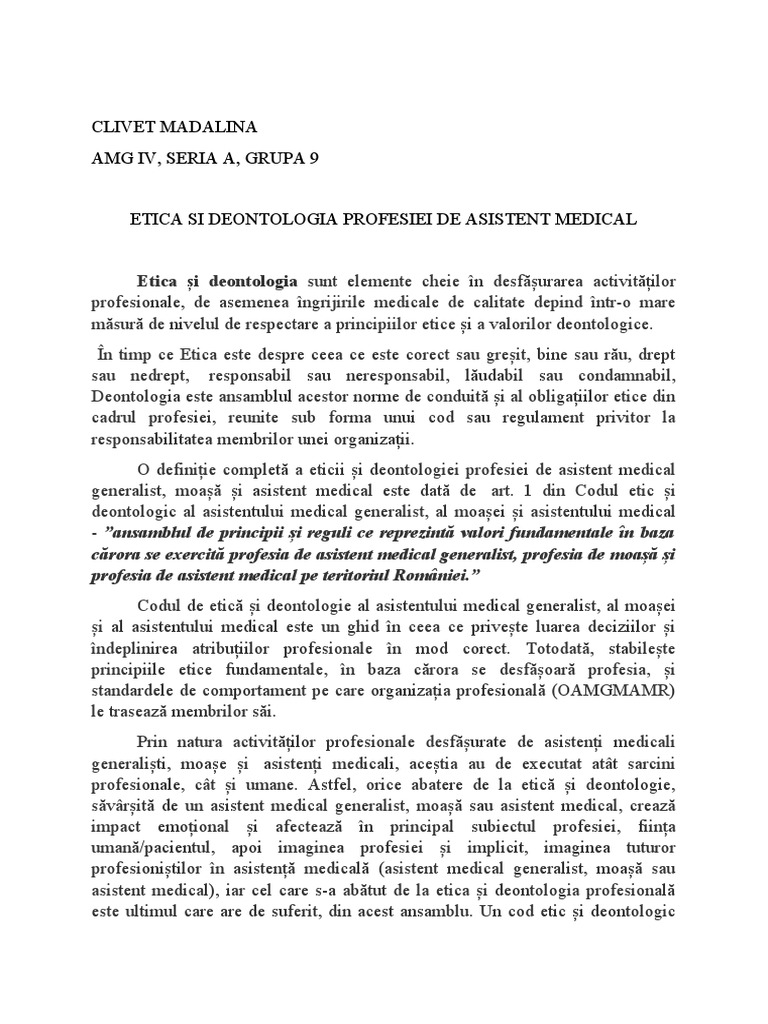 Etica Si Deontologia Profesiei de Asistent Medical, Clivet Madalina | PDF