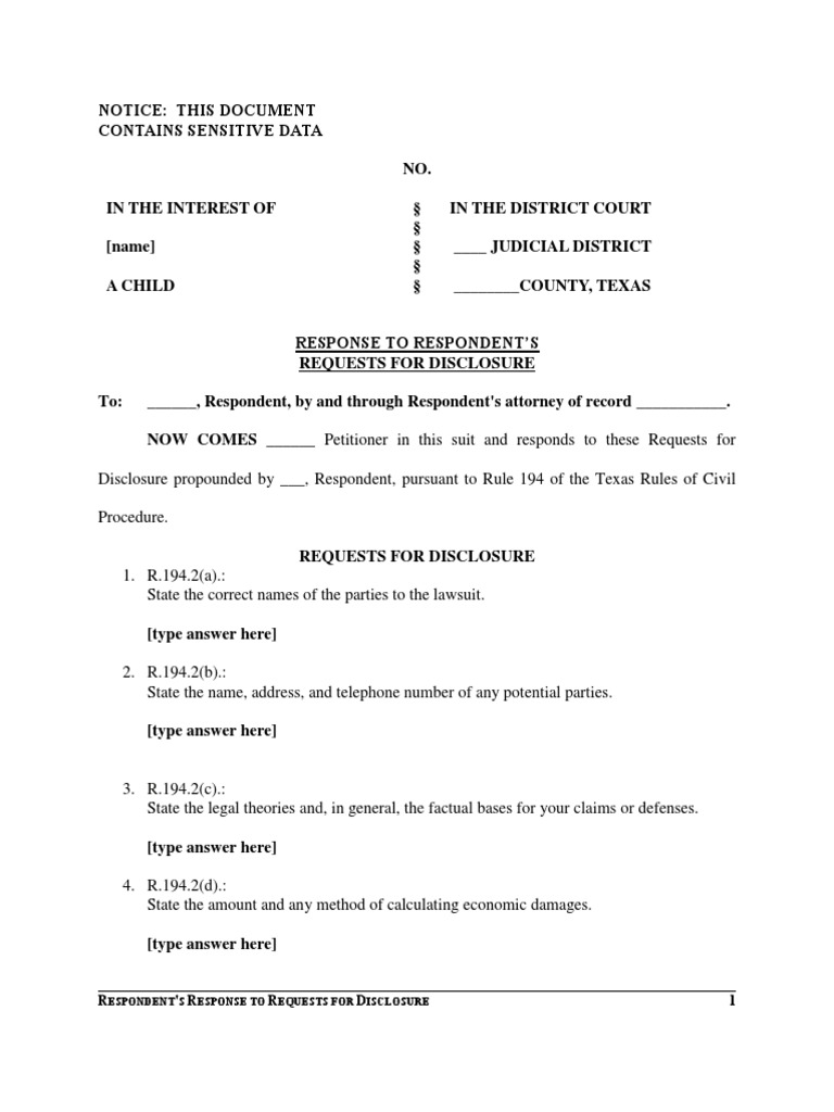 Response To Respondent's Requests For Disclosures - Texas | PDF ...