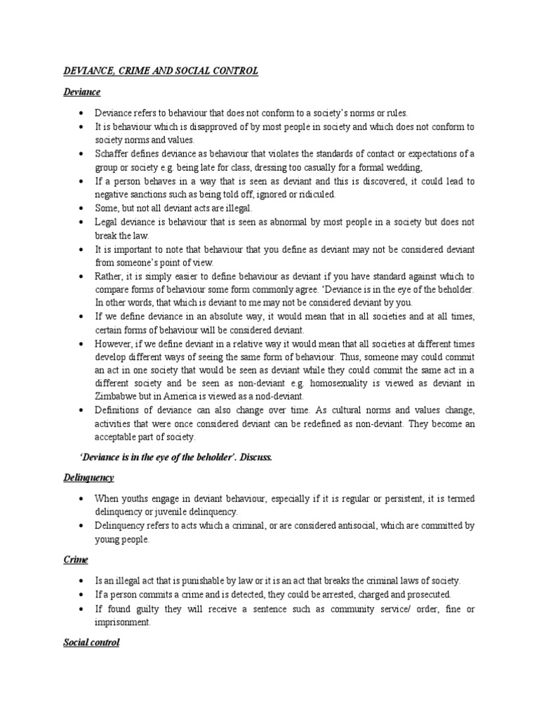DEVIANCE and Crime Notes | PDF | Deviance (Sociology) | Crime & Violence