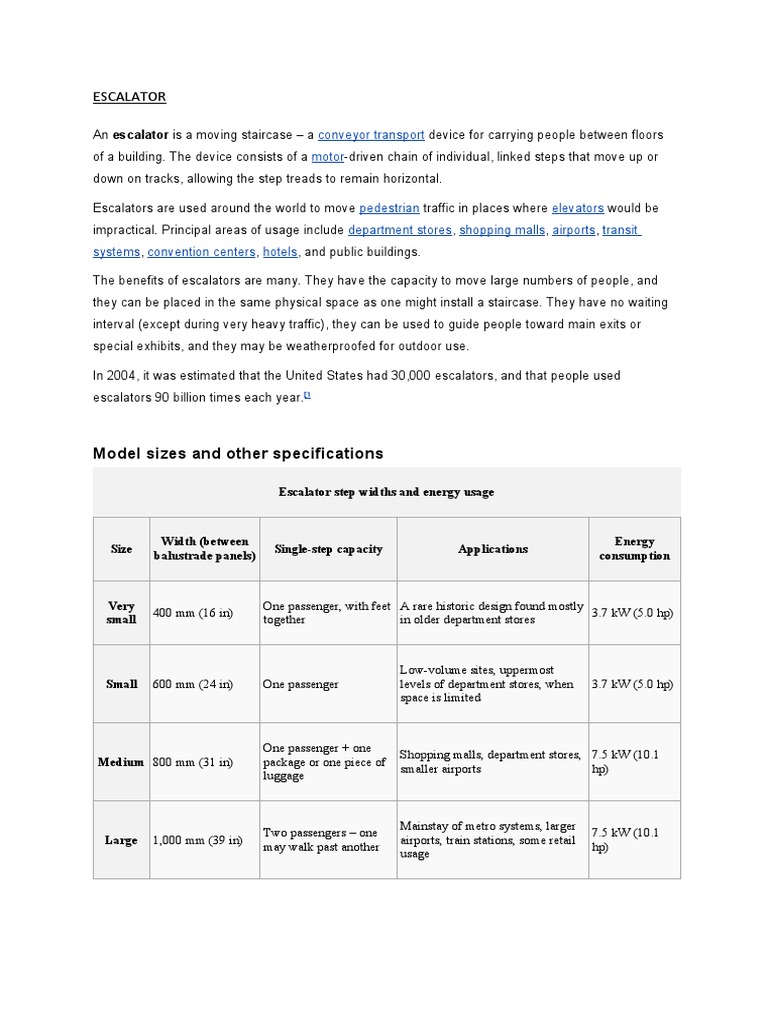 Escalator: Model Sizes and Other Specifications | PDF | Escalator ...