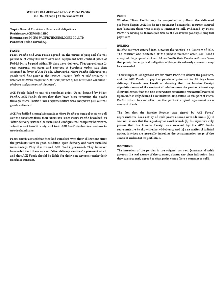 ACE Foods v. Micro Pacific Ruling | PDF | Receipt | Civil Law (Legal ...