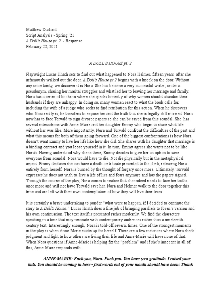 A Doll's House Part 2: Script Analysis | PDF | A Doll's House