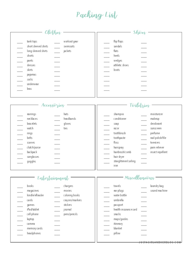 Packing List Printables | PDF | Consumer Goods | Human Appearance
