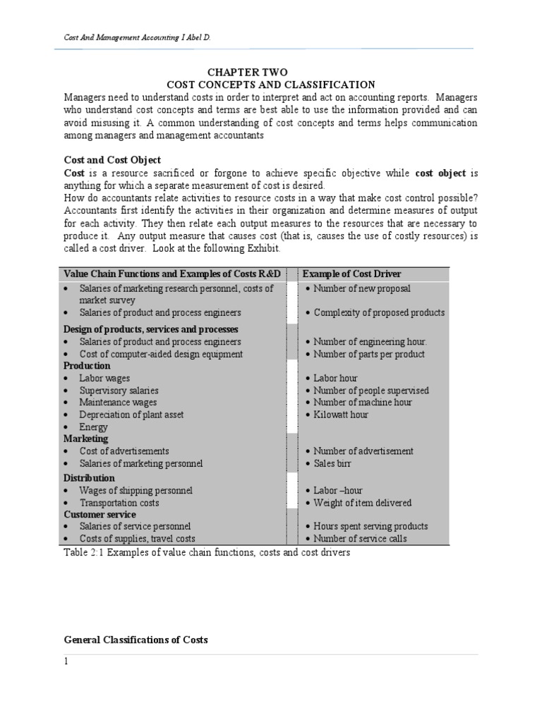 Chapter Two Cost Concepts and Classification: Value Chain Functions and ...