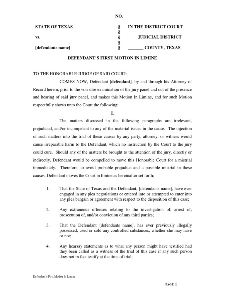 Defendants First Motion in Limine - Texas | PDF | Trials | Prejudice ...