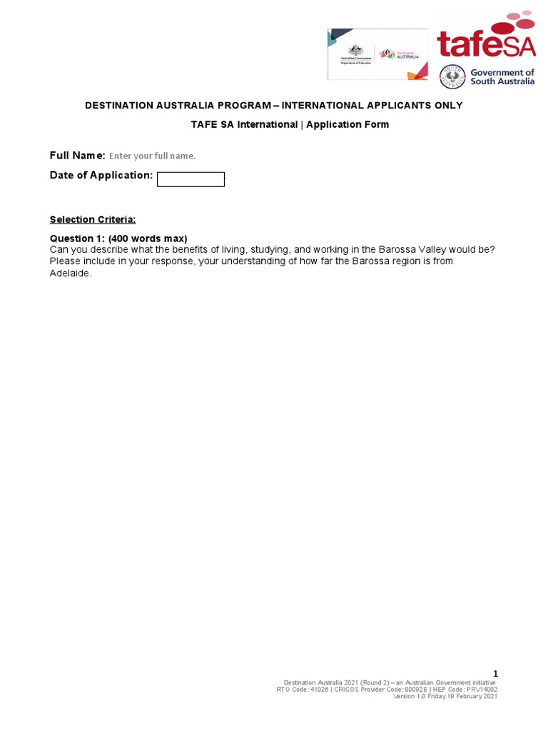 TAFE SA Destination Australia Scholarship Application Form ...