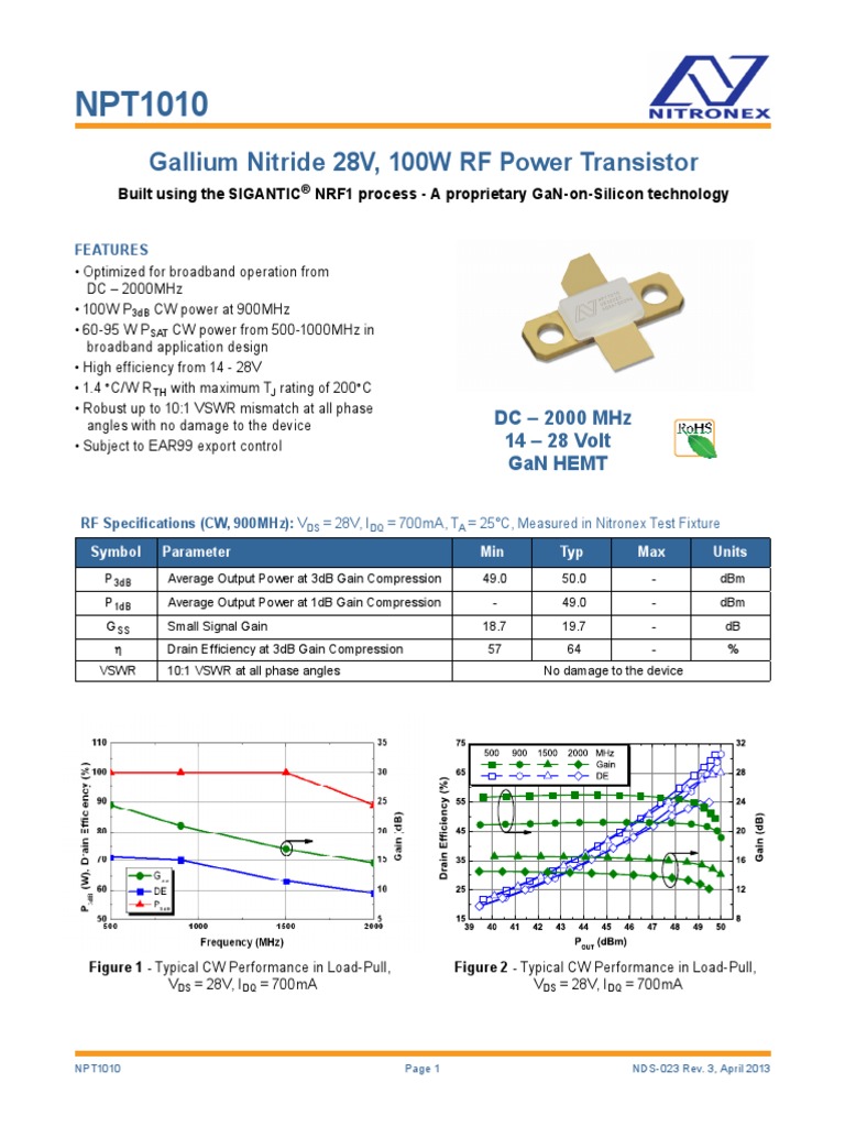 Gallium Nitride 28V, 100W RF Power Transistor | PDF | Electrical ...