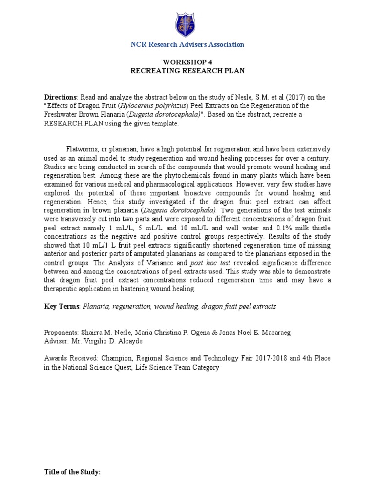 Workshop 4 Recreating Research Plan | PDF | Survey | Science