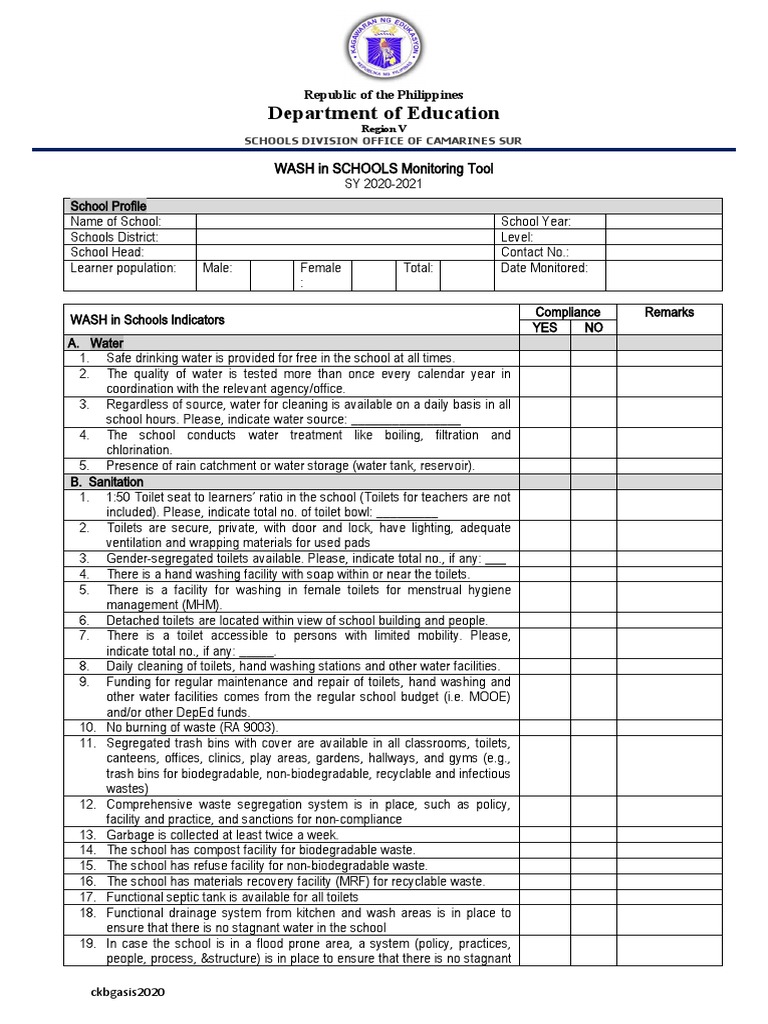 Department of Education: WASH in SCHOOLS Monitoring Tool | PDF | Wash ...