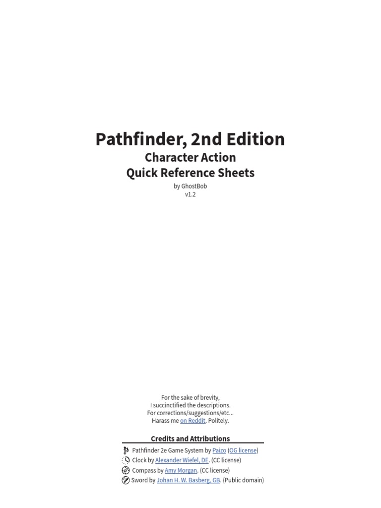 Pathfinder, 2nd Edition: Character Action Quick Reference Sheets | PDF