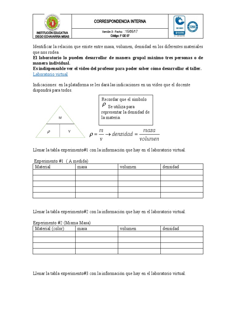 Guía de Laboratorio Virtual Densidad Grado Sexto 2020 | PDF | Densidad