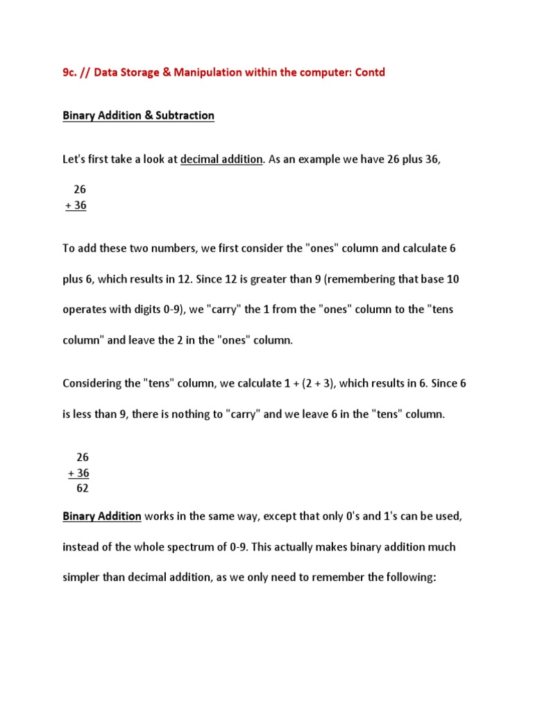9c Binary Addition - Subtraction | PDF | Subtraction | Arithmetic