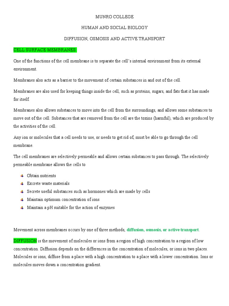 Diffusion, Osmosis and Active Transport | PDF | Osmosis | Cell Membrane