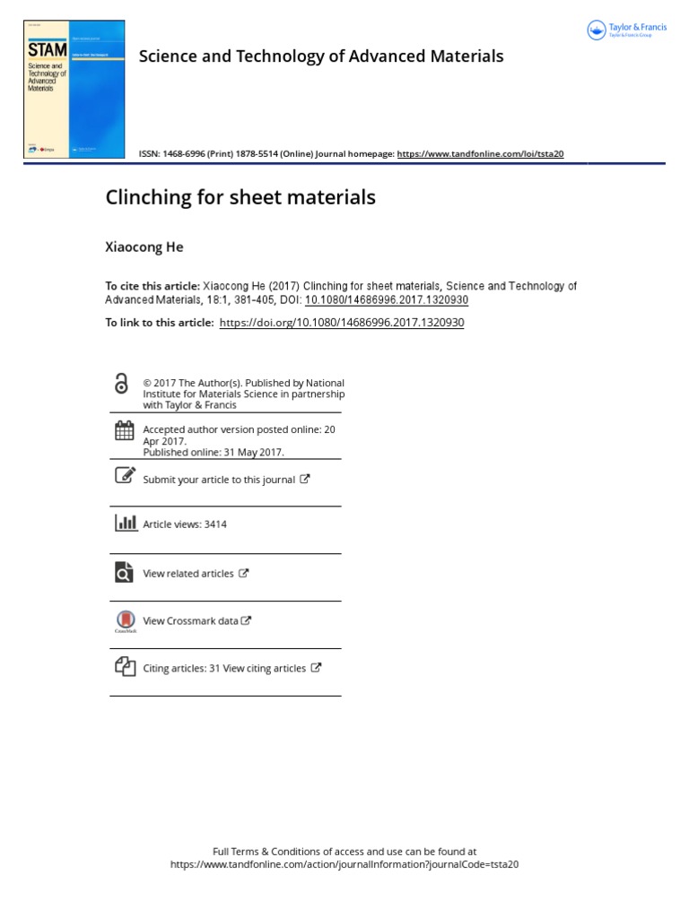 Clinching For Sheet Materials: Science and Technology of Advanced ...