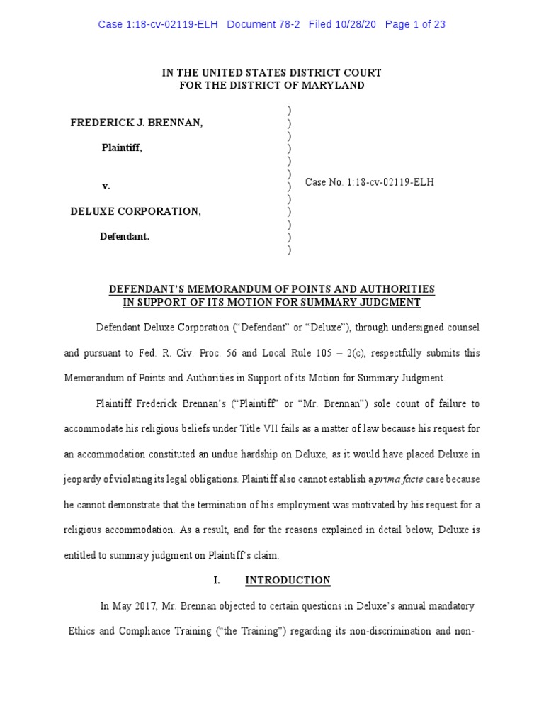 Motion For Summary Judgment | PDF | Equal Employment Opportunity ...