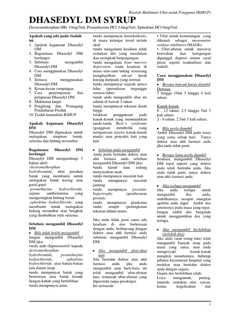 Dhasedyl DM Syrup 10,3.6,6mg (Dextromethorphan, Promethazine, Ephedrine ...
