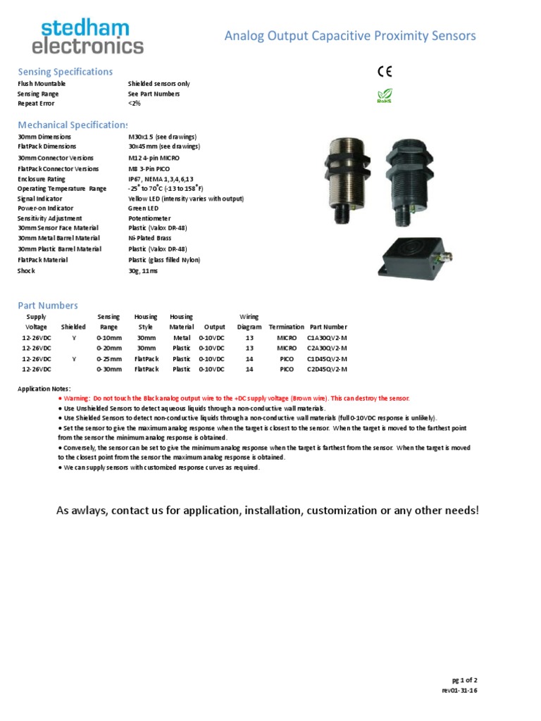 Analog Output Capacitive Proximity Sensors: Sensing Specifications ...