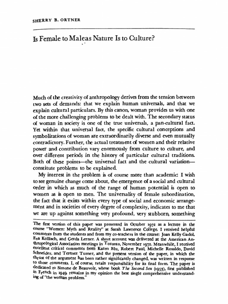 Sherry B. Ortner - Is Female To Male As Nature Is Tu Culture (Rosaldo ...