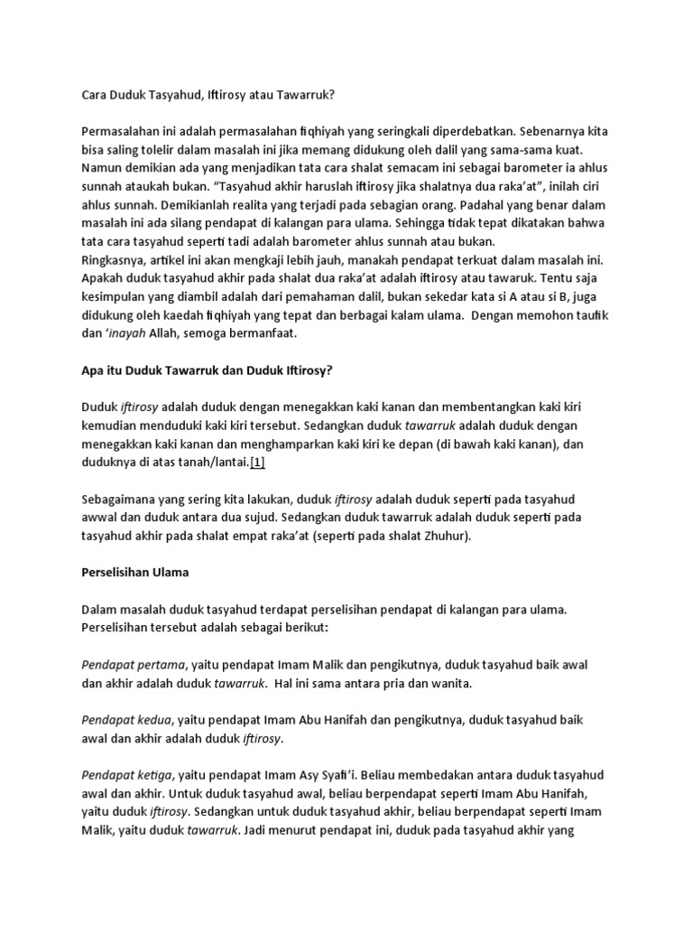 Cara Duduk Tasyahud, Iftirosy Atau Tawarruk | PDF