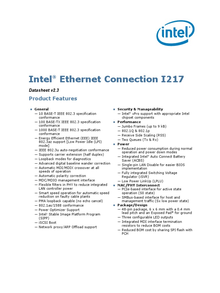 Intel Ethernet Connection I217: Product Features | PDF | Ethernet | Telecommunications