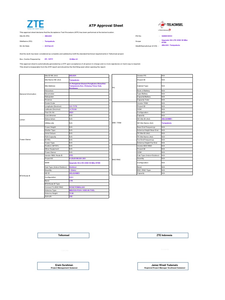 ATP Approval Sheet ATP Approval Sheet: Telkomsel ZTE Indonesia | PDF ...