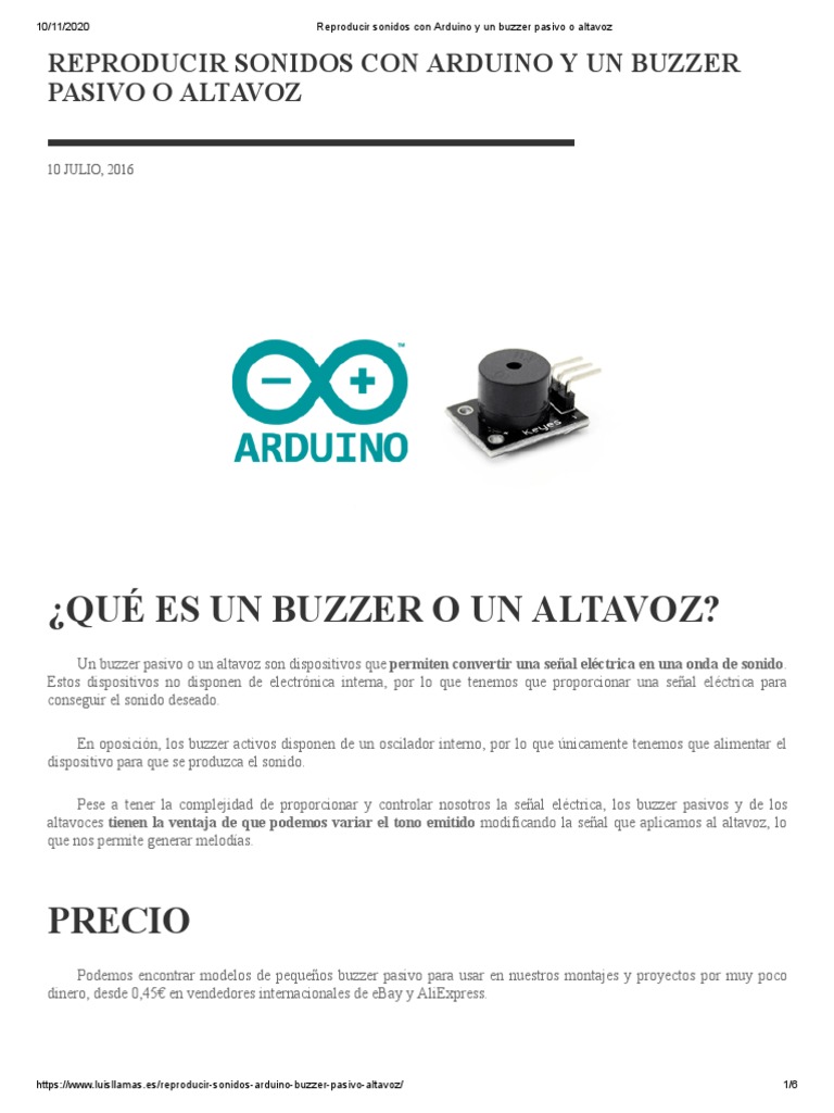 Reproducir Sonidos Con Arduino y Un Buzzer Pasivo o Altavoz | PDF | Altoparlante | Arduino