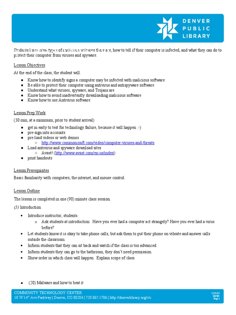 Viruses and Malware 101 Lesson Plan 12-1-13 | PDF | Antivirus Software ...