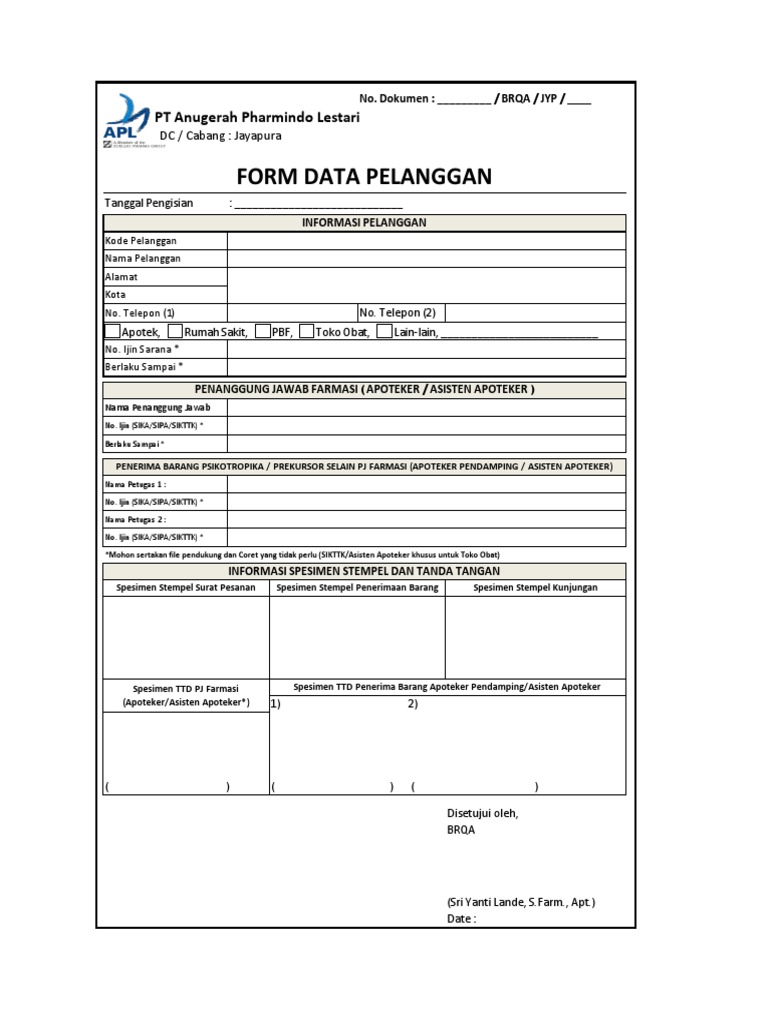 Form Spesimen Data Pelanggan APL JYP-2 | PDF