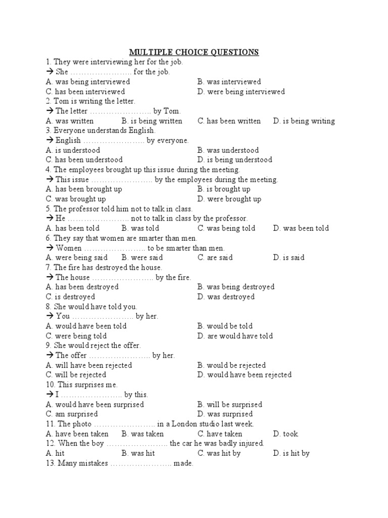MULTIPLE CHOICE QUESTIONS (Passive Voice) | PDF
