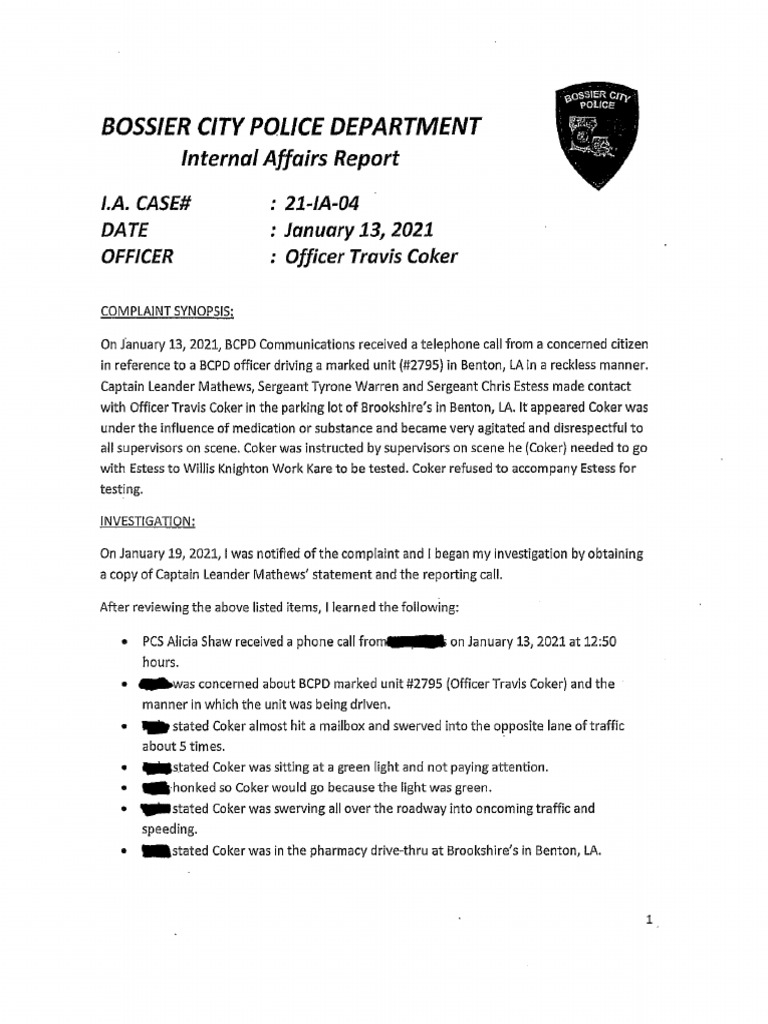 Bossier City Police Department Internal Affairs Report About Officer ...