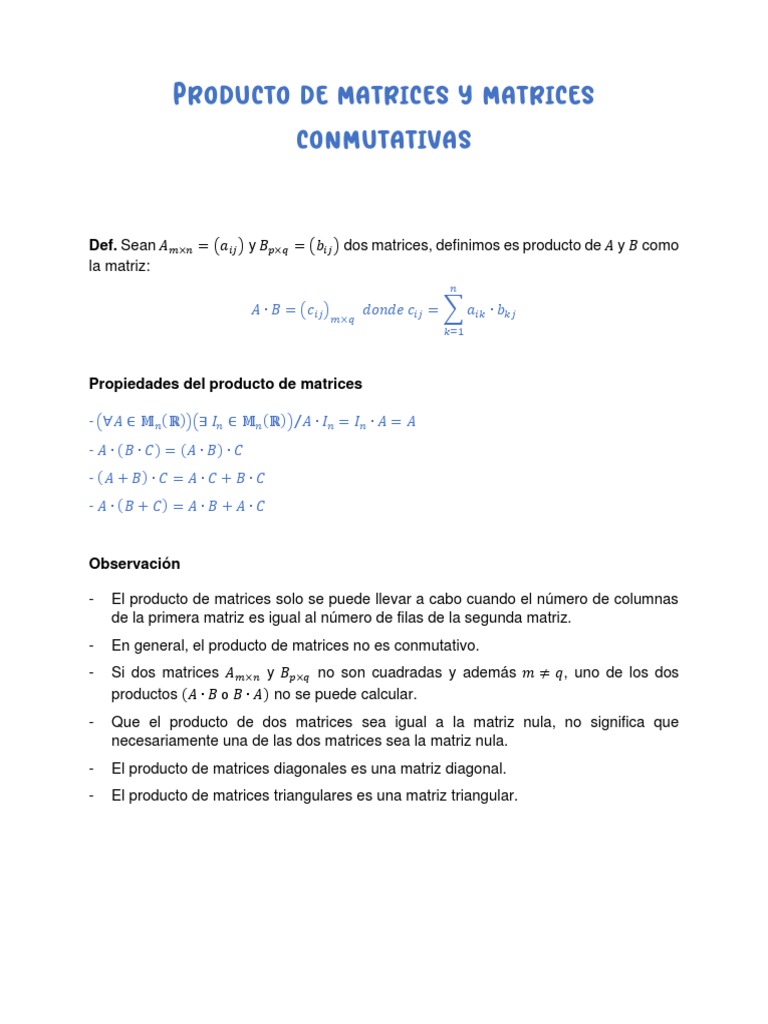 4 Producto de Matrices y Matrices Conmutativas | PDF | Matriz ...