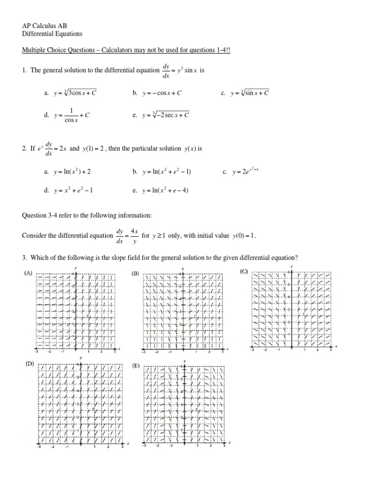 AP Calculus AB Differential Equations Quiz | PDF | Ordinary ...