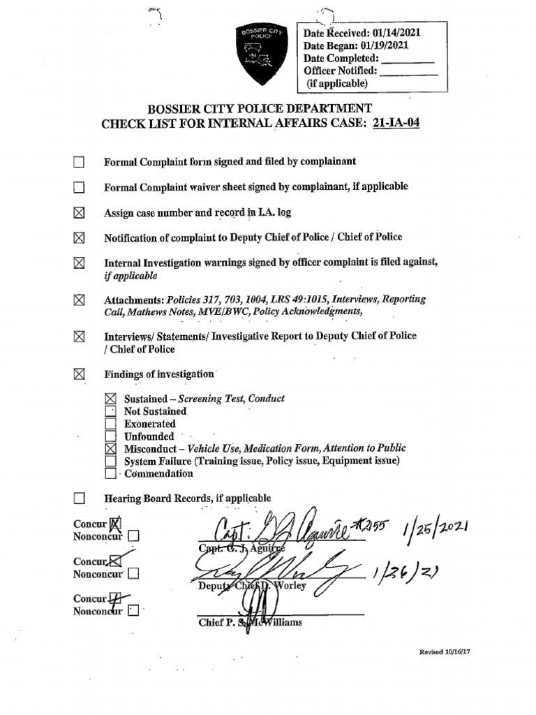 Bossier City Police Department Internal Affairs Checklist For Travis ...