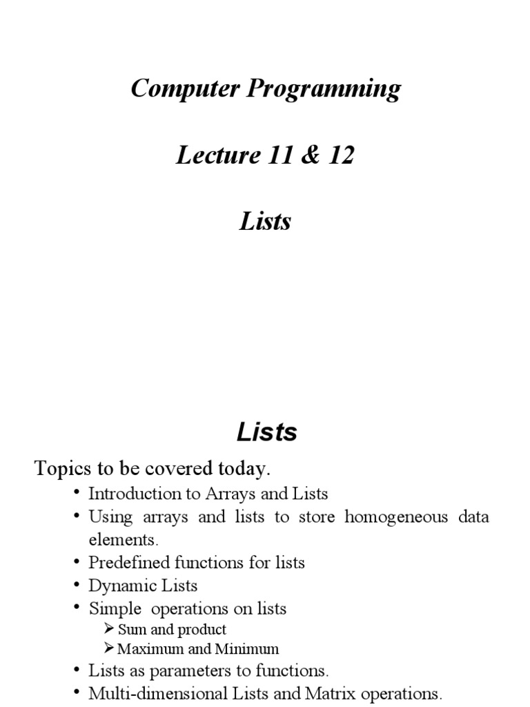 Computer Programming Lists And Arrays Pdf Matrix Mathematics Mathematical Objects 0578