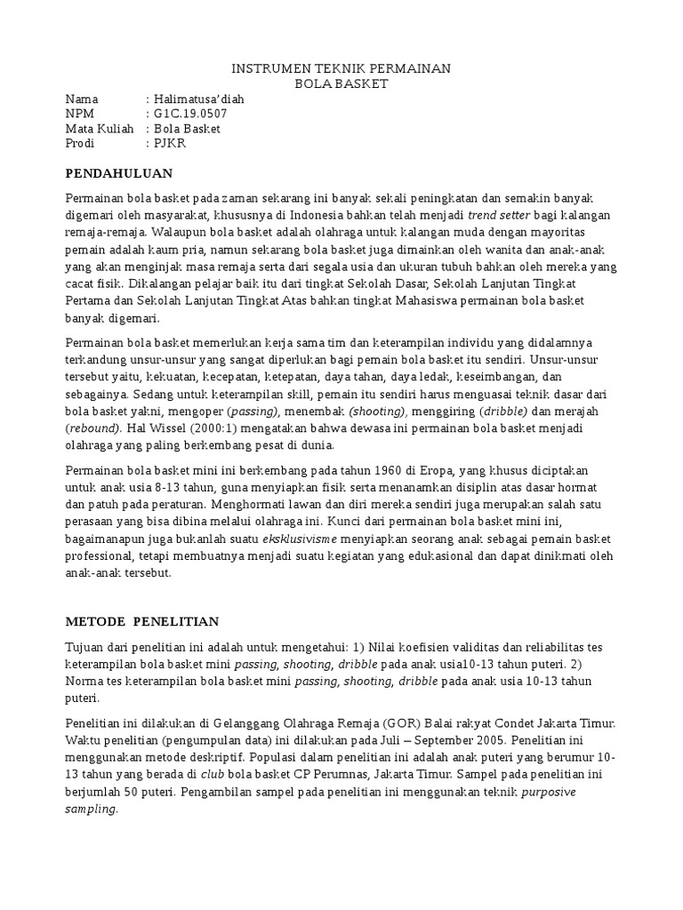 Instrumen Bola Basket Halimatusa'diah | PDF | Olahraga & Rekreasi