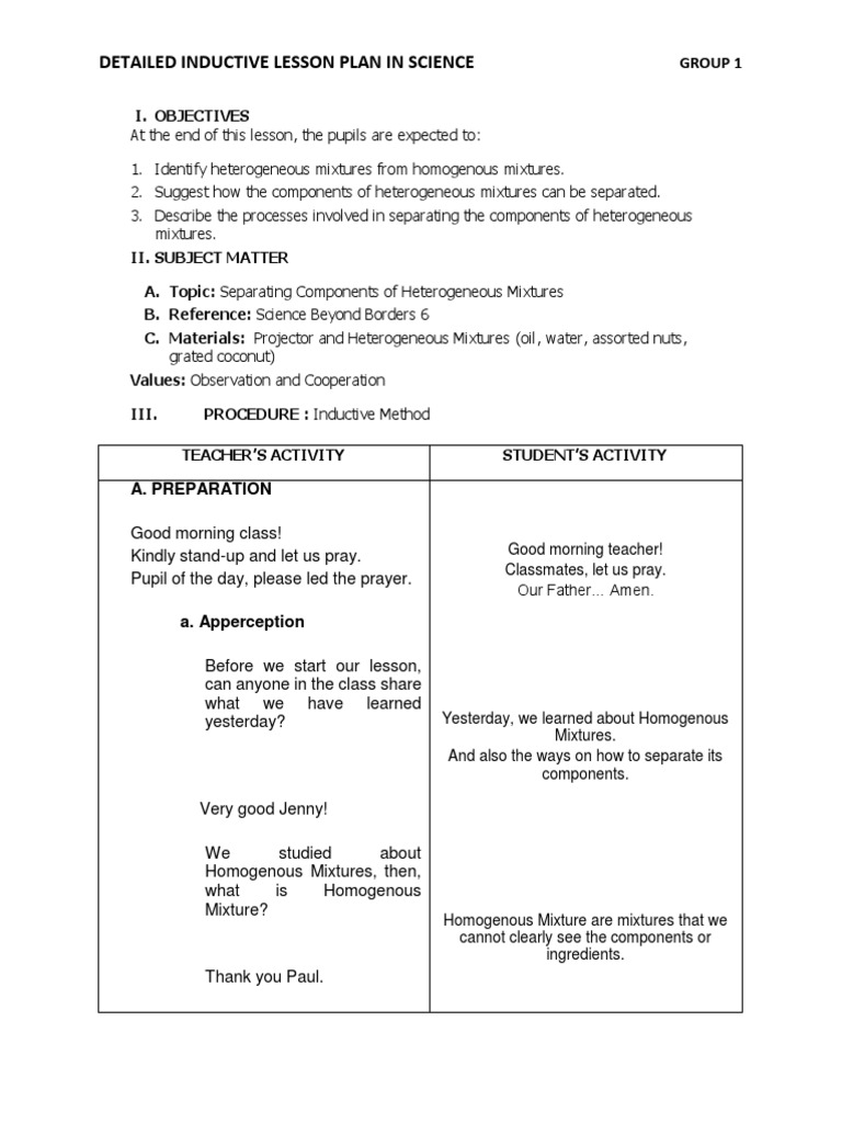 Detailed Inductive Lesson Plan in Science: Group 1 | PDF | Homogeneity ...
