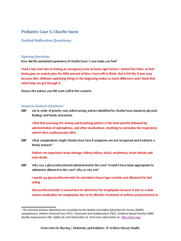 Pediatric Case 5: Charlie Snow: Guided Reflection Questions | PDF ...