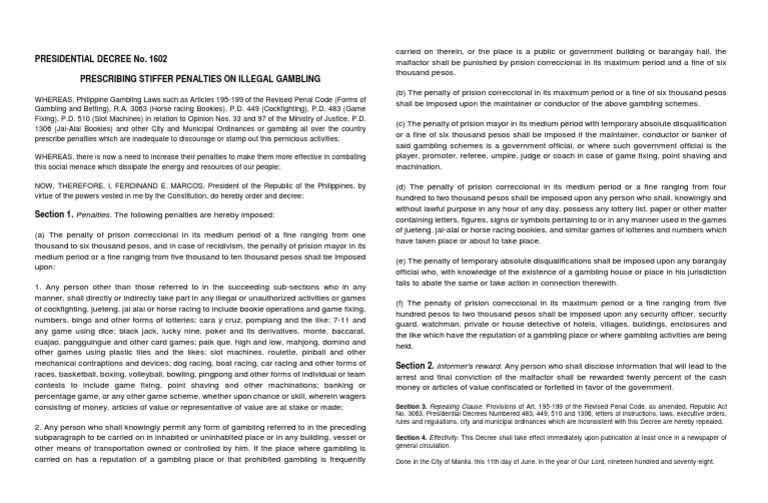 Pres. Decree No. 1602 Anti-Illegal Numbers Games Law | PDF | Gambling ...