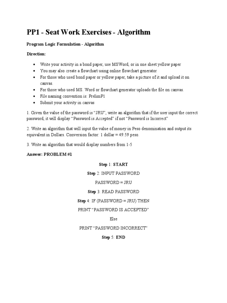 PP1 - Seat Work Exercises - Algorithm (Dagdag) | PDF
