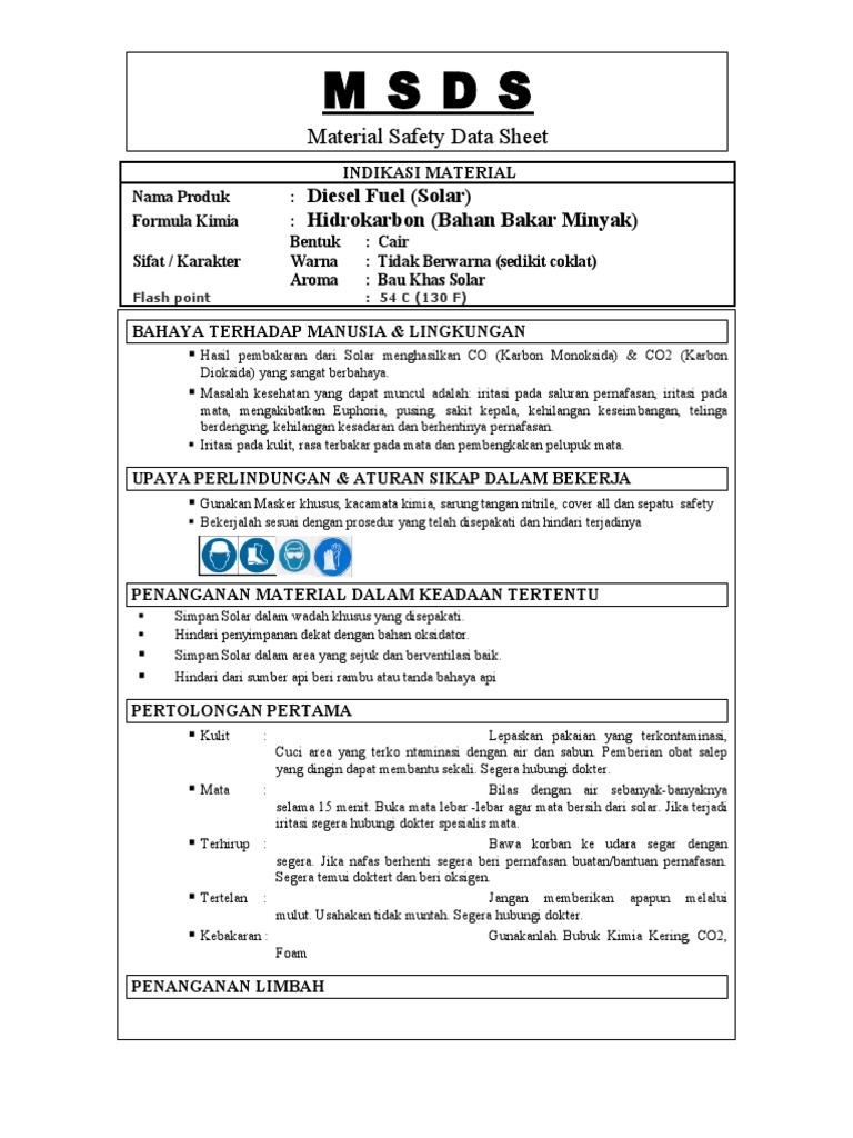 Material Safety Data Sheet: Diesel Fuel (Solar) Hidrokarbon (Bahan ...