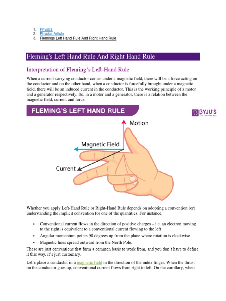 Fleming Left Hand Rule | PDF | Magnetic Field | Theoretical Physics
