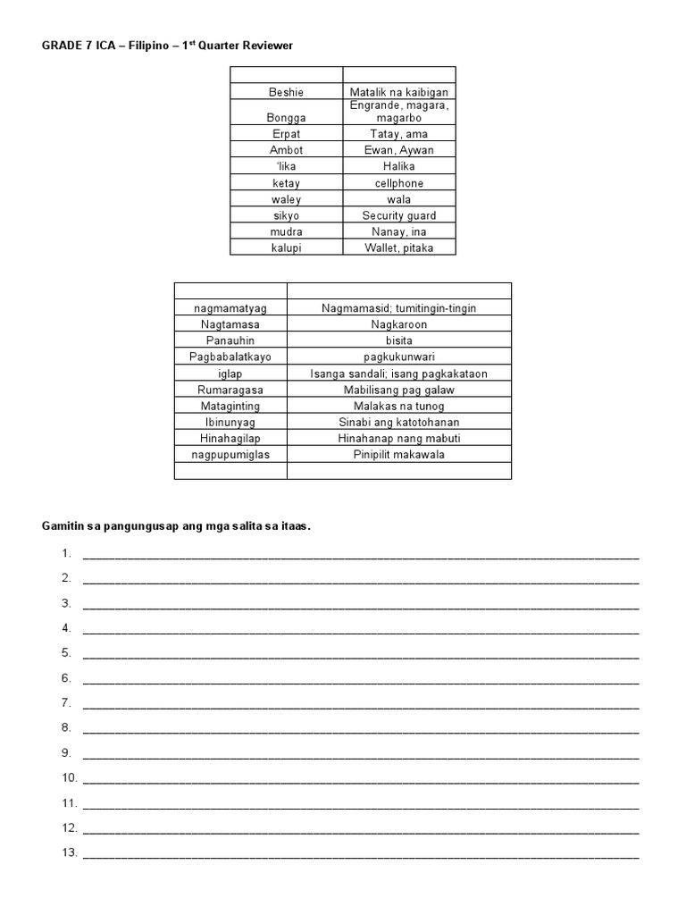 GRADE 7 ICA - Filipino - 1st Quarter Reviewer | PDF
