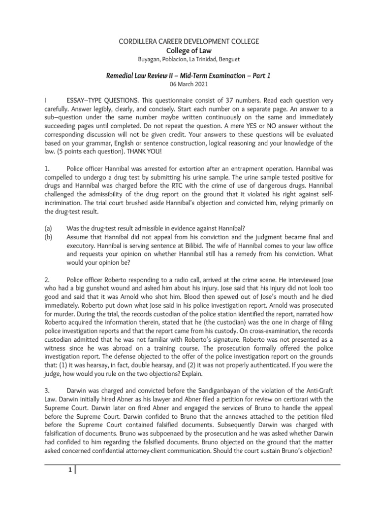 Remedial Law Review II - Mid-Term Examination - Part 1: Cordillera Career Development College ...