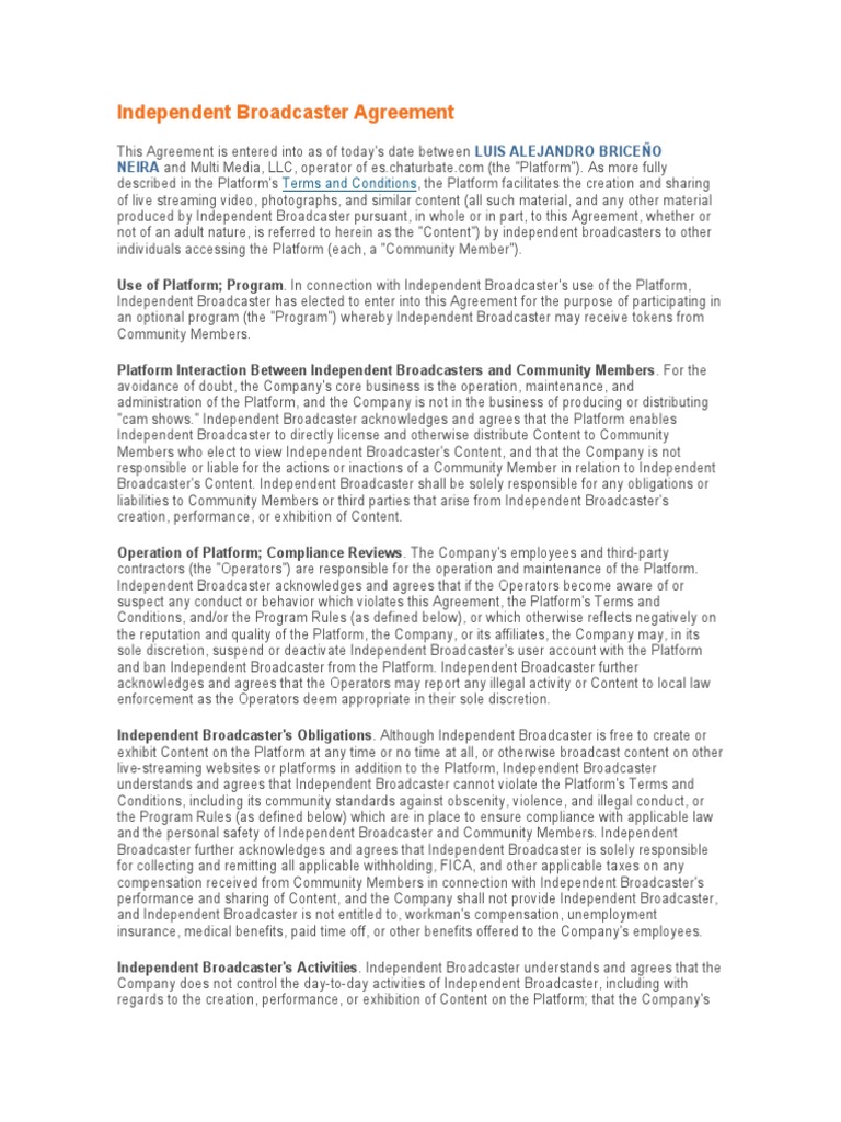 Independent Broadcaster Agreement | PDF | Indemnity | Arbitration